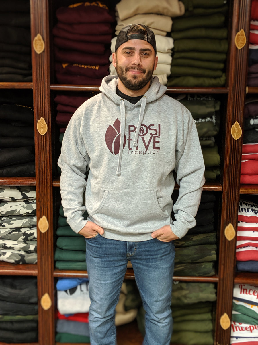 Grey Positive Inception Hoodie with a Burgundy logo – The Positive ...