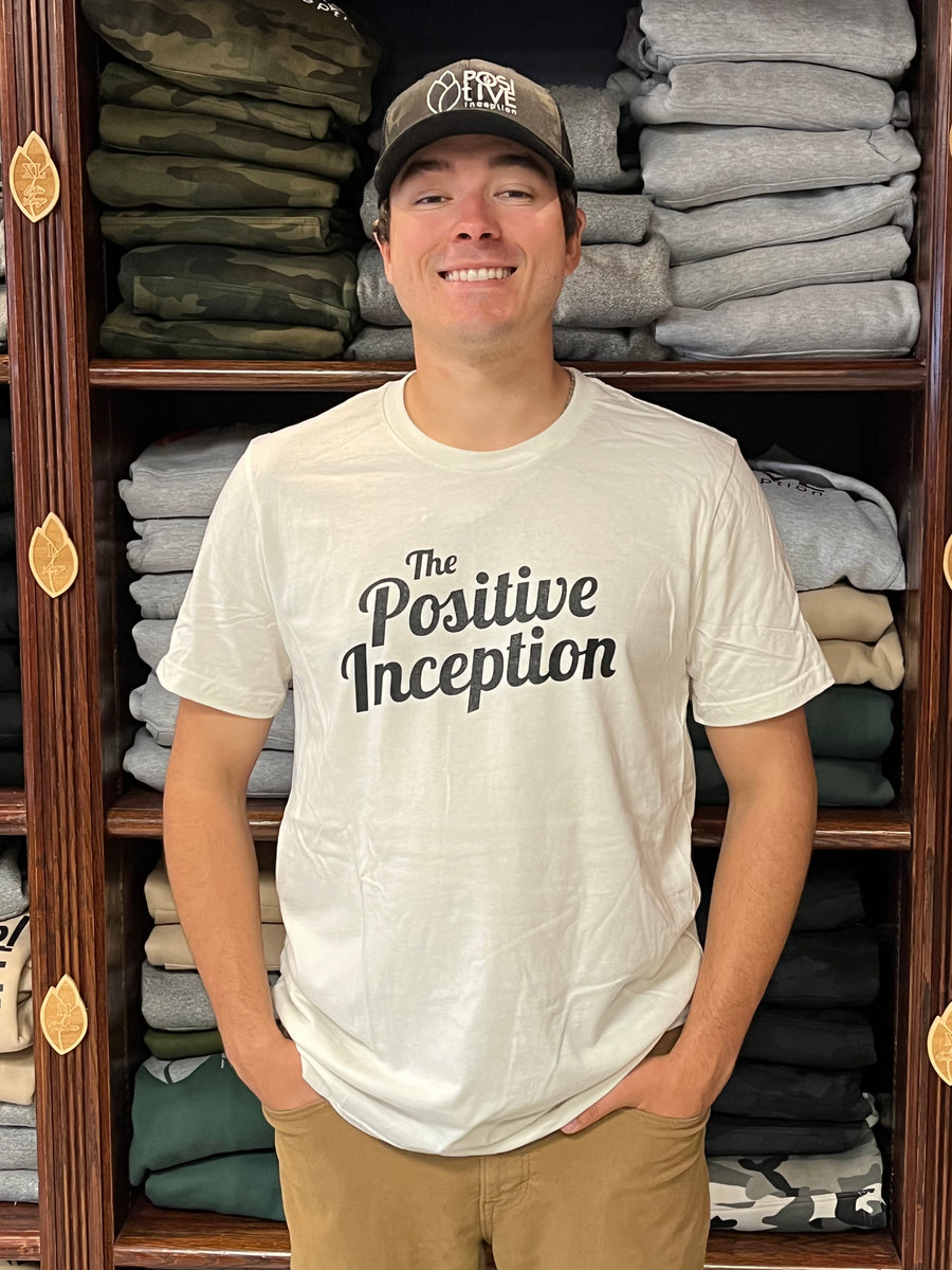 Men's Positive Inception Vintage White and Black Cursive Logo T-shirt ...