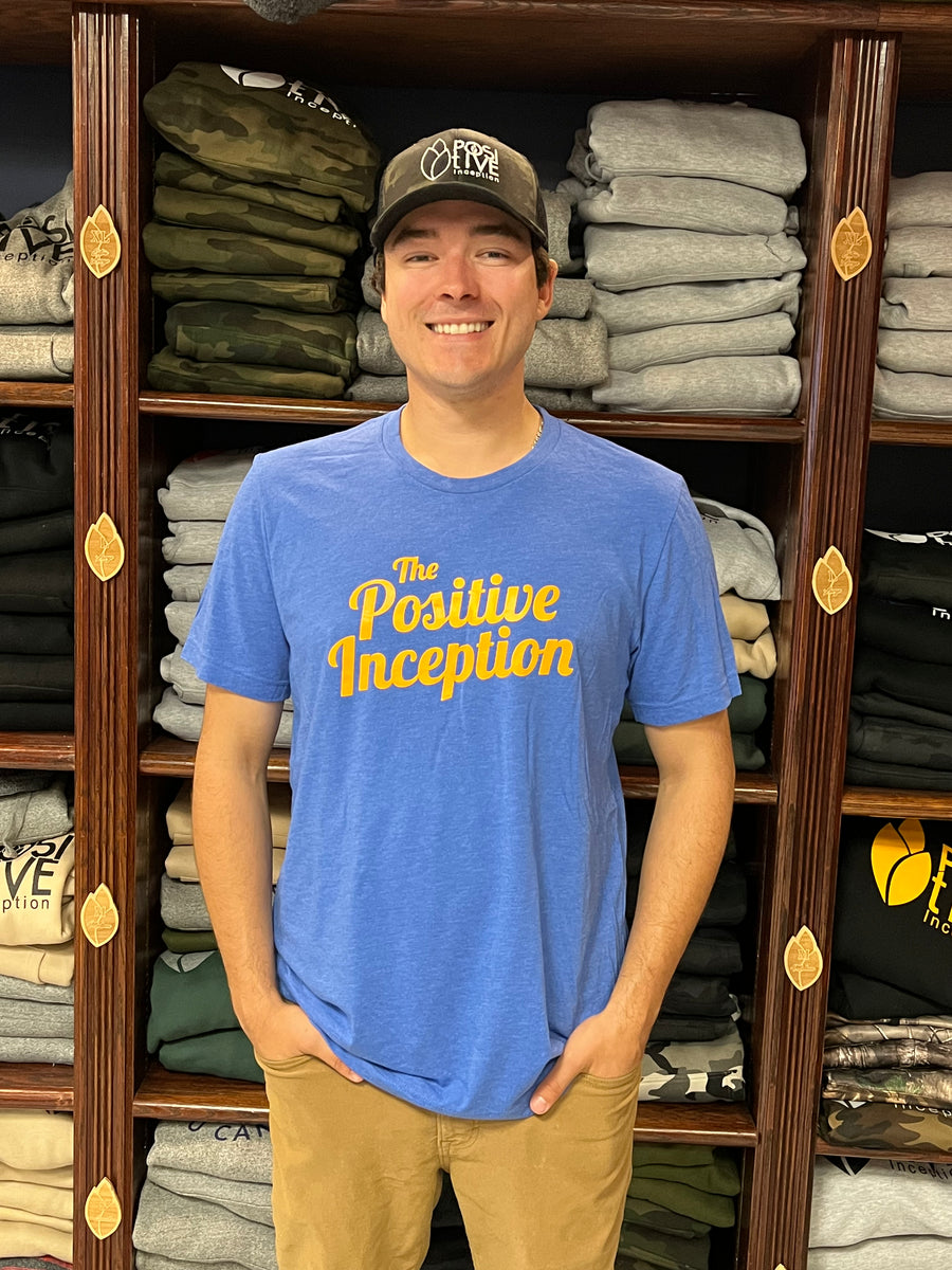 Men's Positive Inception Royal Blue and Yellow Cursive Logo T-shirt ...