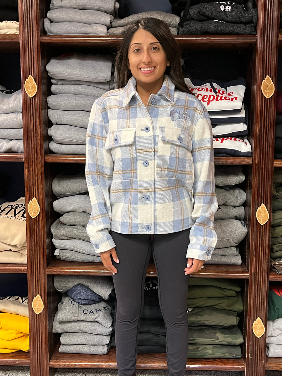 Women's Short Body Light Blue Plaid Button Up Jacket – The Positive ...